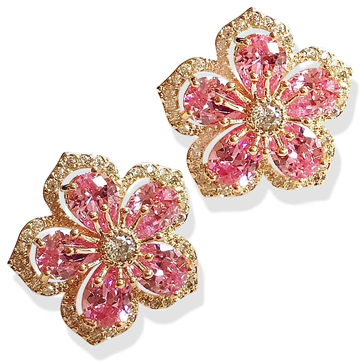 DAMLENG Handmade Chic Boho Pink Rhinestone Flower Statement Stud Earrings with Gold Flower Bud for Women Sister Mom Lover and Friends (Pink)