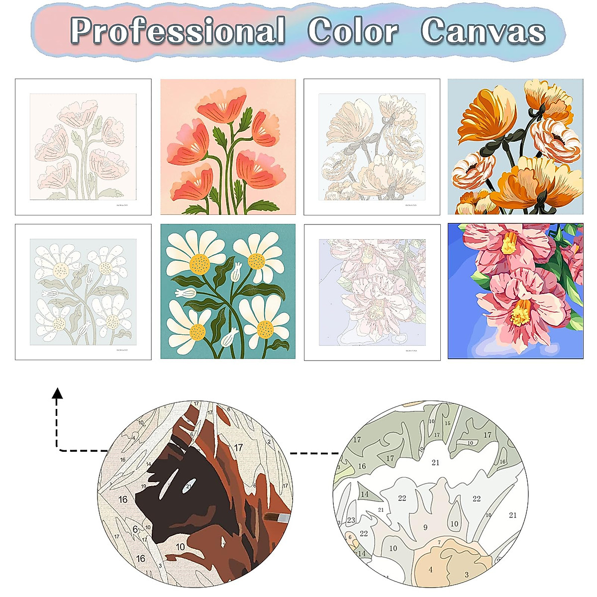 Amphol Flowers Paint by Number for Adults Canvas Framed, 4 Pack 10"x10" Easy Framed Paint by Number Kits for Beginner Kids, DIY Simple Flowers Acrylic Oil Painting Number Kits with Frame