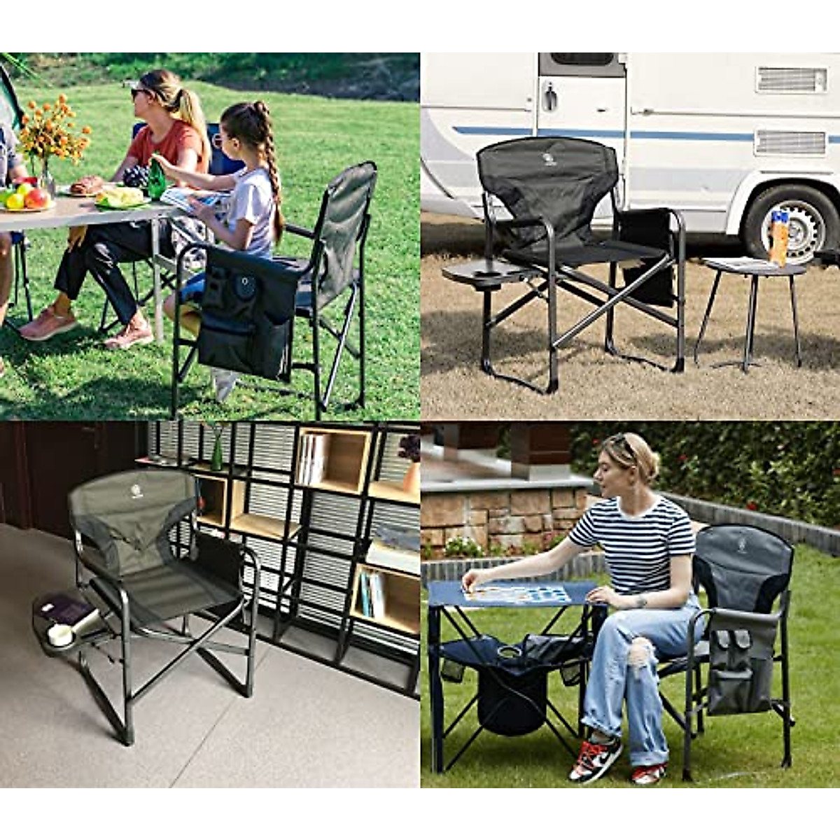 EVER ADVANCED Lightweight Folding Directors Chairs Outdoor, Aluminum Camping Chair with Side Table and Storage Pouch, Heavy Duty Supports 350LBS (Grey/Black)