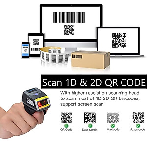 Posunitech 1D 2D Wireless Bluetooth Mini Ring Barcode Scanner IP65 EF02 Zebra SE4107 with TPU+PC & 550mAh Battery Replaceable & Battery Charger for IOS Android