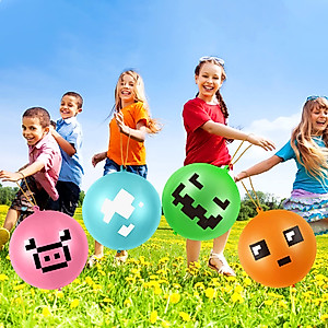 30 Pcs Pixelated Punch Balloons Colorful Latex Punch Ball Miner Video Game Party Favors Bounce Balloons with Rubber Band Handle for Birthday Party