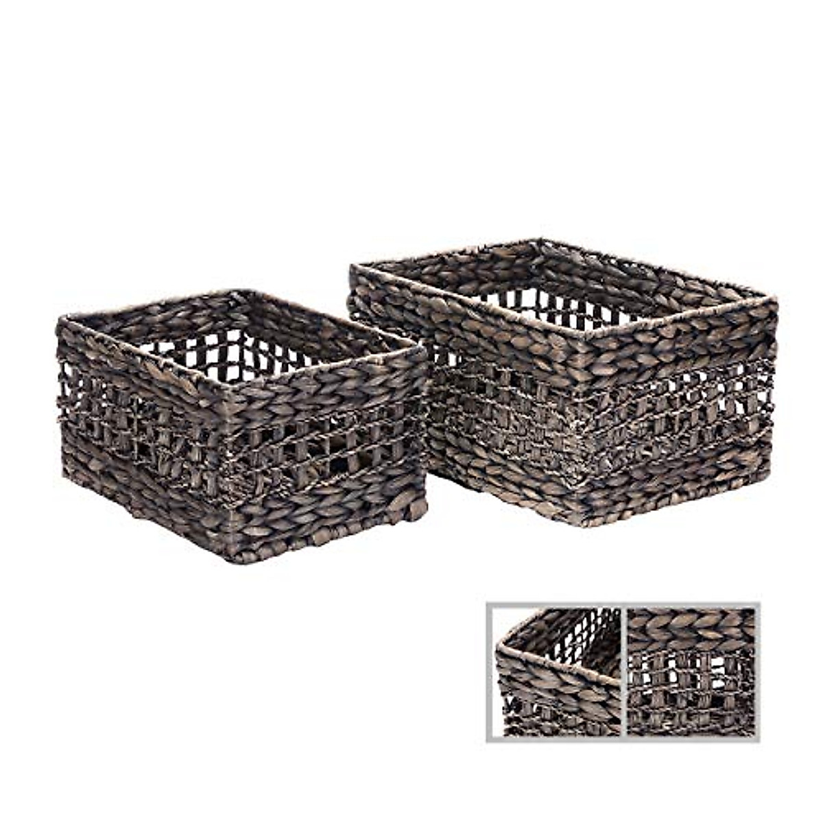 Villacera Rectangle Hand Weaved Wicker Baskets made of Water Hyacinth | Nesting Black Seagrass Bins | Set of 2