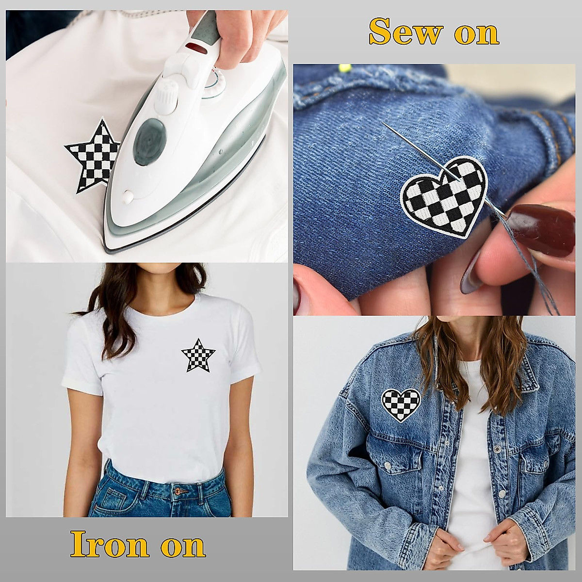 16Pcs Black&White Checkered Heart&Star Western Iron on Embroidered Set, Contains 8 Heart Patches and 8 Star Patches, Black&White Embroidered Sew on Patch Applique Embellishments for Jeans, Hat