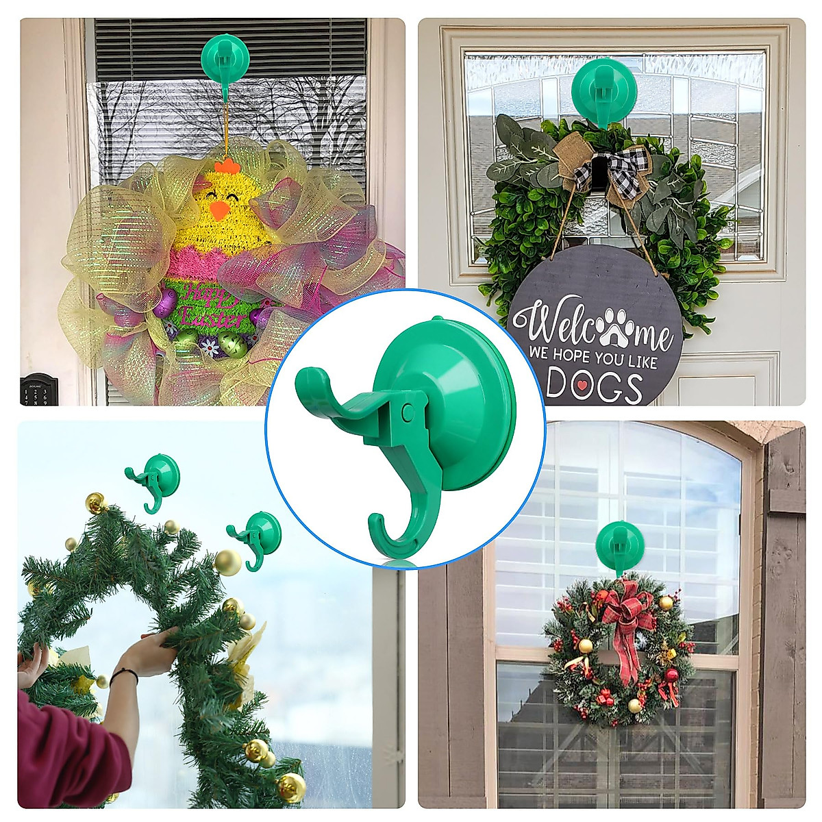 Antimbee Suction Cup Hooks, 10 Pack Wreath Hangers, Removable Glass Wall Holder Hook, Small Suction Utility Hook for Bathroom Kitchen Home Decor, Up to 11 lbs on Smooth Surface (Green)