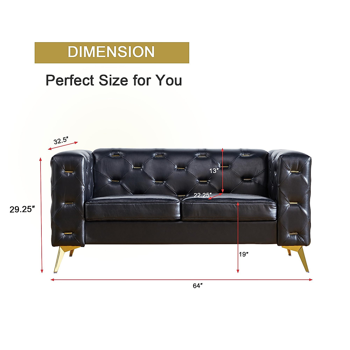 LEVNARY Black Leather Couch Loveseat, Modern Button Tufted Upholstered 2 Seater Couch, Comfy Chesterfield Sofa Couches for Living Room Bedroom Office (Black)