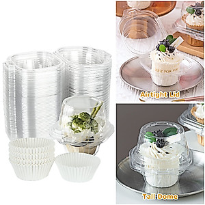 FVIEXE 100 Pack Individual Cupcake Containers, Single Plastic Cupcake Storage Boxes, Disposable Clear Cupcake Holder with Lid To Go Muffin Transport Carrier with 100 Pack Cupcake Liners for Party