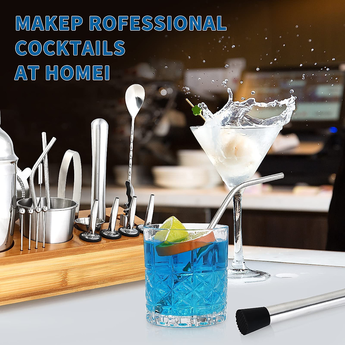 Cocktail Shaker Set, 20 Piece Stainless Steel Bartender Kit 25 oz Shaker Tins with Bamboo Stand, Recipe Book, for Drink Mixing, Home, Bar, Parties