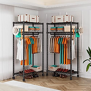 PUNION Heavy Duty Rolling Garment Rack,Portable Clothes Rack for Hanging Clothes,Clothing Rack,Wardrobe Storage Rack with 3 Shelves,1 Hang Rod,1 Side Hook,36" Lx18 Wx71 H, Max Load 500LBS, Black,GR1