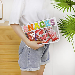 DYSHAYEN Chenille Letter Clear Zipper Pouch for Travel,Nylon Clear Cosmetic Bag,Makeup Travel Bag for Women (White-Snacks)