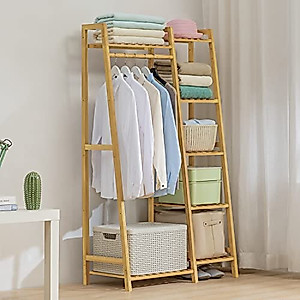 MoNiBloom Bamboo Clothing Rack with 5-Tier Storage Shelves Multi-Functional Garment Rack, Clothes Hanging Rack Stand for Bedroom Living Room, Natural
