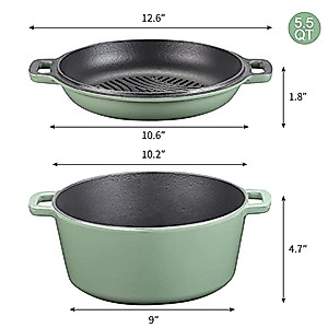 5.5 Quart Enameled Cast Iron Dutch Oven, 2-In-1 Enamel Oven with Skillet Lid for Grill, Stovetop, Induction (Gray Green)