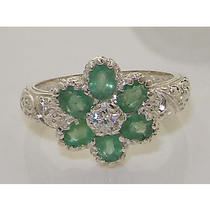 LetsBuyGold 925 Sterling Silver Real Genuine Emerald & Diamond Womens Cluster Ring - Size 11 (0.09 cttw, H-I Color, I2-I3 Clarity)