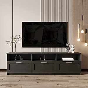 Black TV Stand with Storage Drawers for 70/75/80 inch TV, Entertainment Center Morden TV Stand, Media Console Table with Open Shelves for Living Room, Black