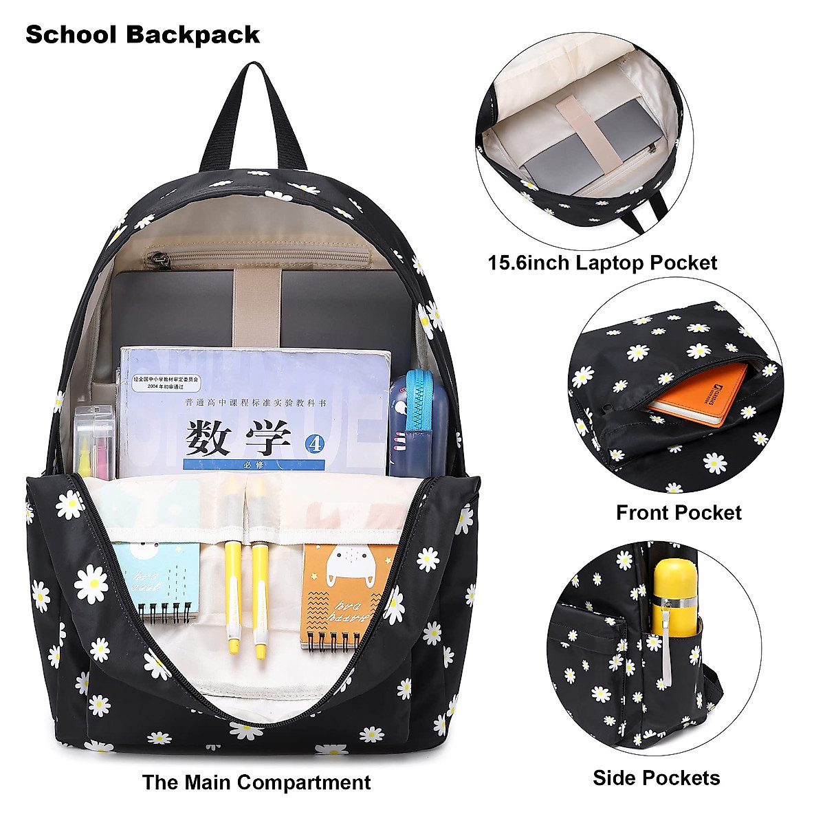 Mimfutu School Backpack for Teen Girls, 3-in-1 Kids Backpack Bookbag Set School Bags with Lunch Box Pencil Case (Flowers Black)