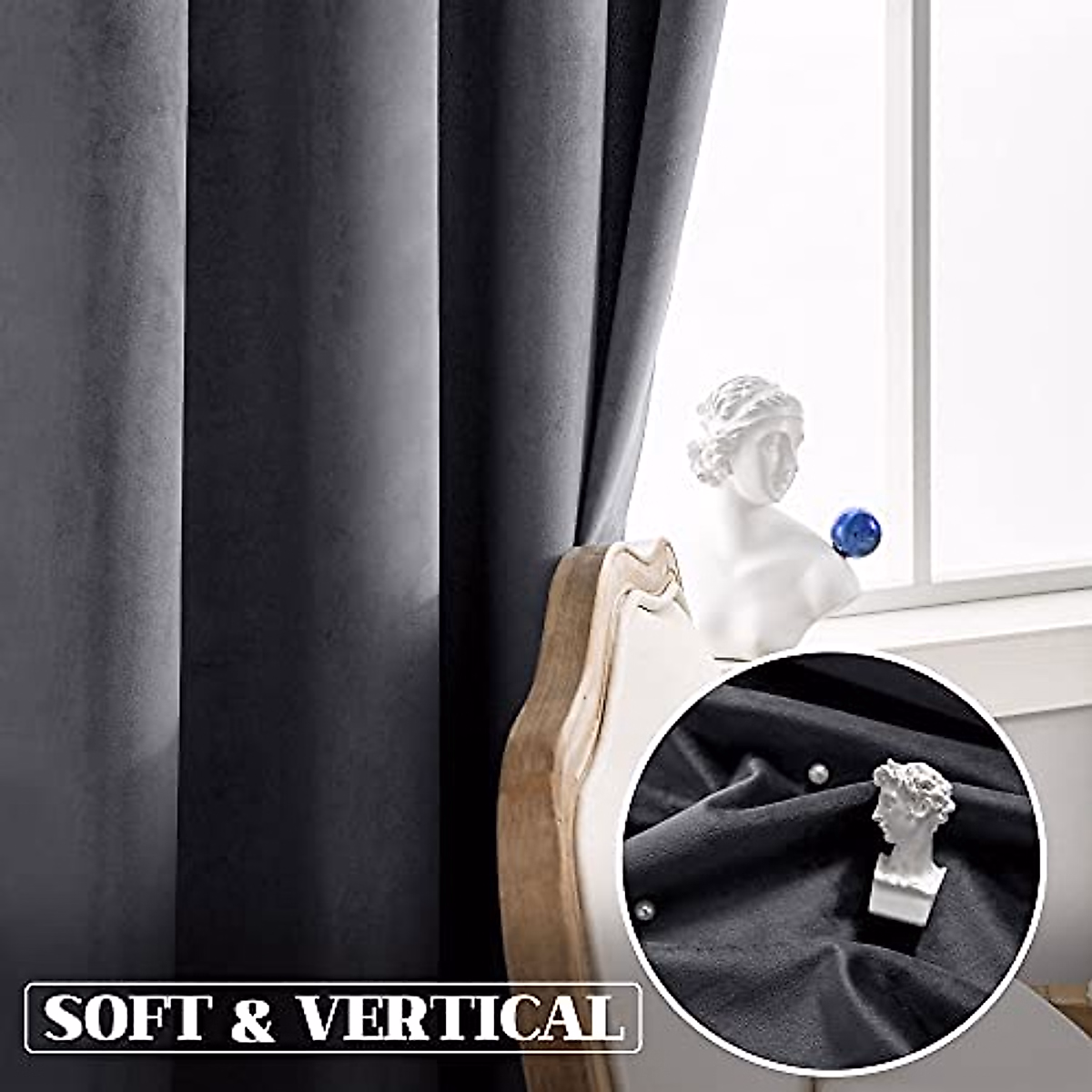 VANASEE Dark Grey Velvet Curtains for Bedroom - Blackout Curtains Room Darkening Drapes Window Treatment for Living Room with Grommet, 2 Panels(W52 x L90 Inch, Dark Grey)