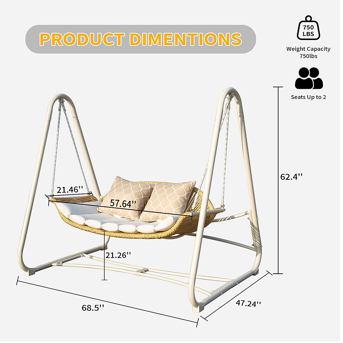 Domi Outdoor Patio Porch Swing, 2-Seat Hanging Swing Chair with Thickened Cushions and Pillow, Rattan Porch Swing Chair Outdoor Hammock Chair for Porch, Backyard, Garden
