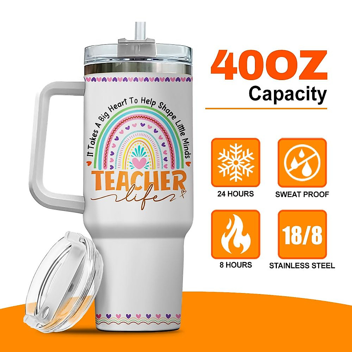 99WHALE Tumblers Cups Coffee Water Life For Insulated Gift Women Handle Straws Heart, Teacher Gifts, Tumbler 40 Oz With Handle Lid And Straw, Teacher Rainbow Nutrition Facts