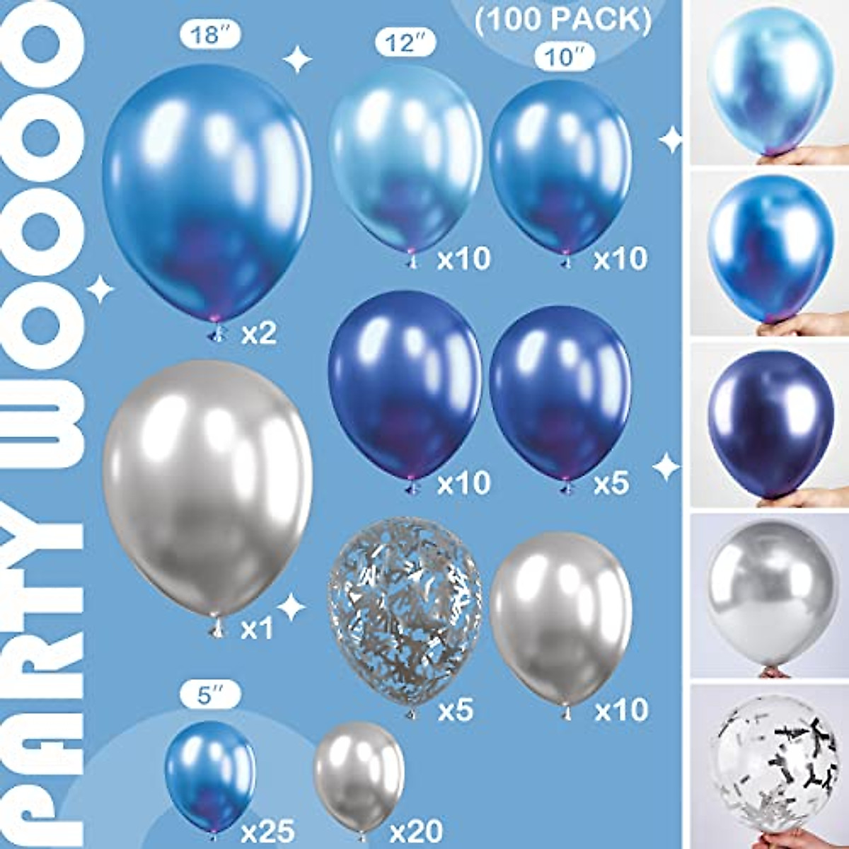 PartyWoo Blue and Silver Balloon Garland Kit 100 pcs and 6 pcs Disco Silver Foil Balloons
