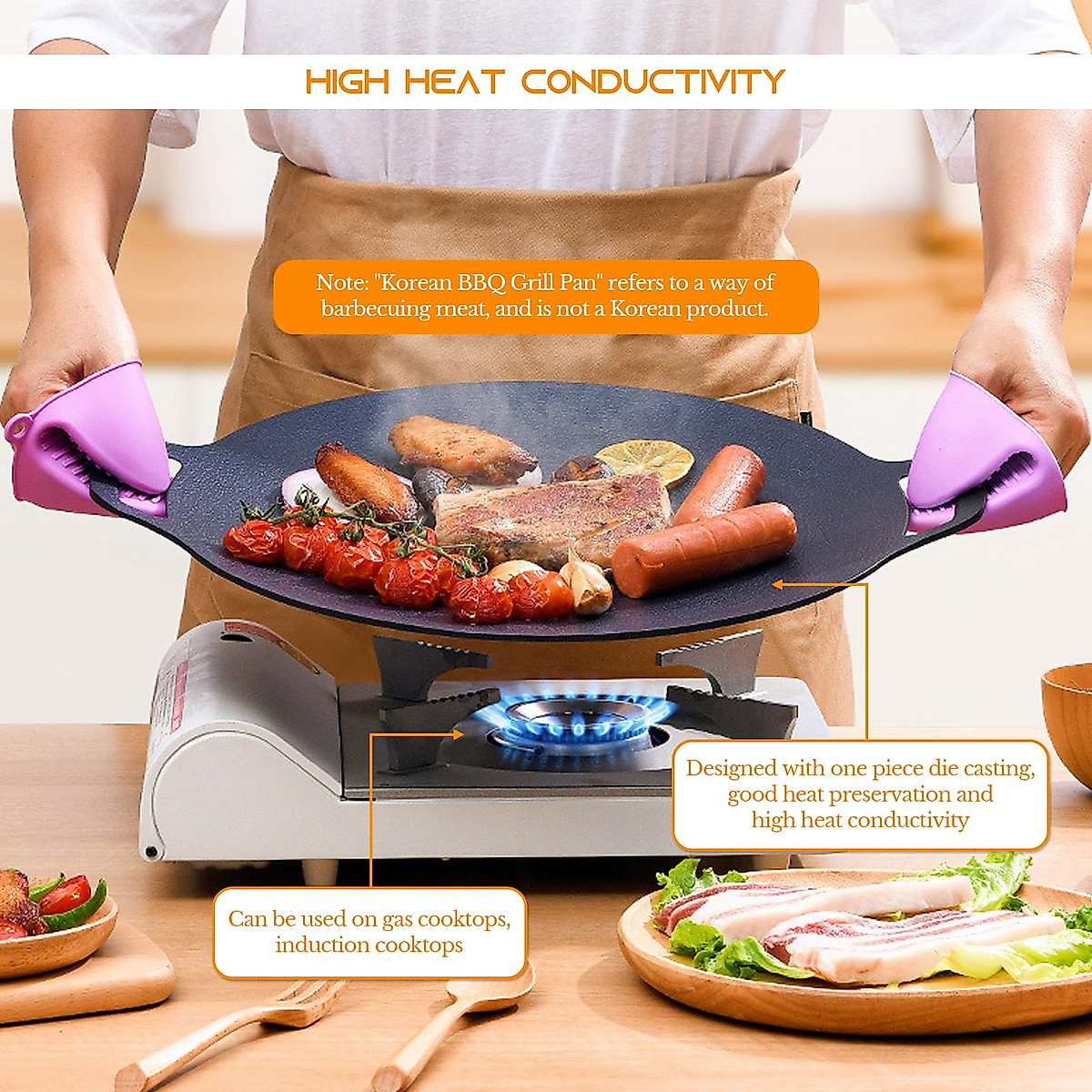 Korean BBQ Grill Pan, Aluminum Non Stick Korean Grill Pan, High Heat Conductivity Griddle Pan for Barbecue, Camping and Other Outdoor Activities (30cm)