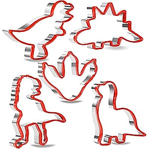 KAISHANE Dinosaur Cookie Cutters Set, 5 PCS Dinosaur Biscut Cutters Set Stainless Steel with Soft PVC Edge for Baking Fondant Cake Molds