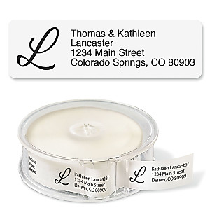 Clear with Initial Standard Rolled Address Labels - Set of 250 2 1/2" x 3/4" Rolled Labels with Clear Acrylic Dispenser