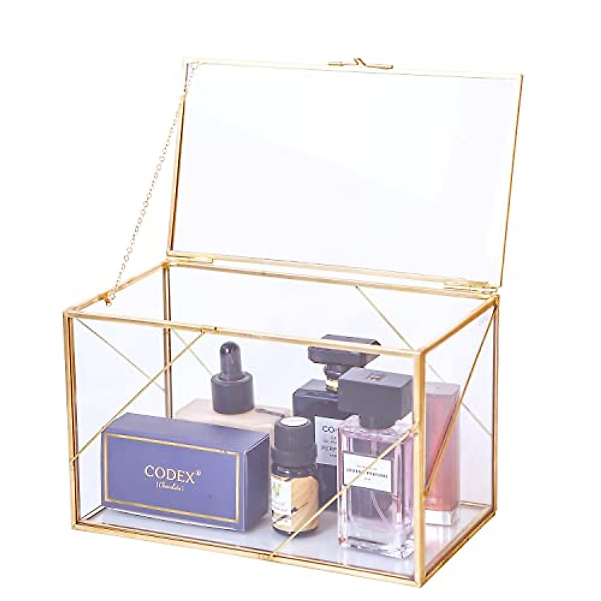 Utopz Decorative Clear Glass Box with Golden Geometric Line & Brass Shadow Box, Jewelry Display Treasure Case, 8 × 4.5 x 5 inch