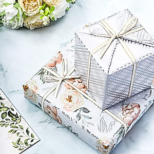 LeZakaa Reversible Silver Foil Wrapping Paper Roll - Silver Flower & Plaid Design for Wedding, Engagement, Bridal Shower, Anniversay, Mother's Day - 17 inches x 32.8 Feet