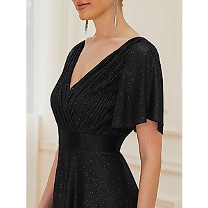 Ever-Pretty Womens Evening Dresses V Neck Short Sleeves A-line Glitter Formal Dresses Black US16