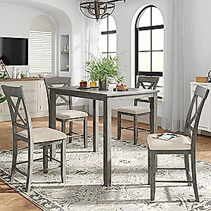 Winwee 5-Piece Wooden Counter Height Dining Table Set with Padded Chairs Rectangle Dining Table with 4 Padded Chairs, Grey