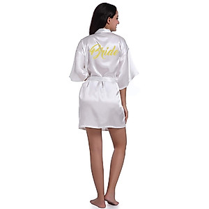 Goodsaleok Women's Satin Kimono Robe for Bride Bridesmaid Wedding Party Getting Ready One Size Robe, Bride White