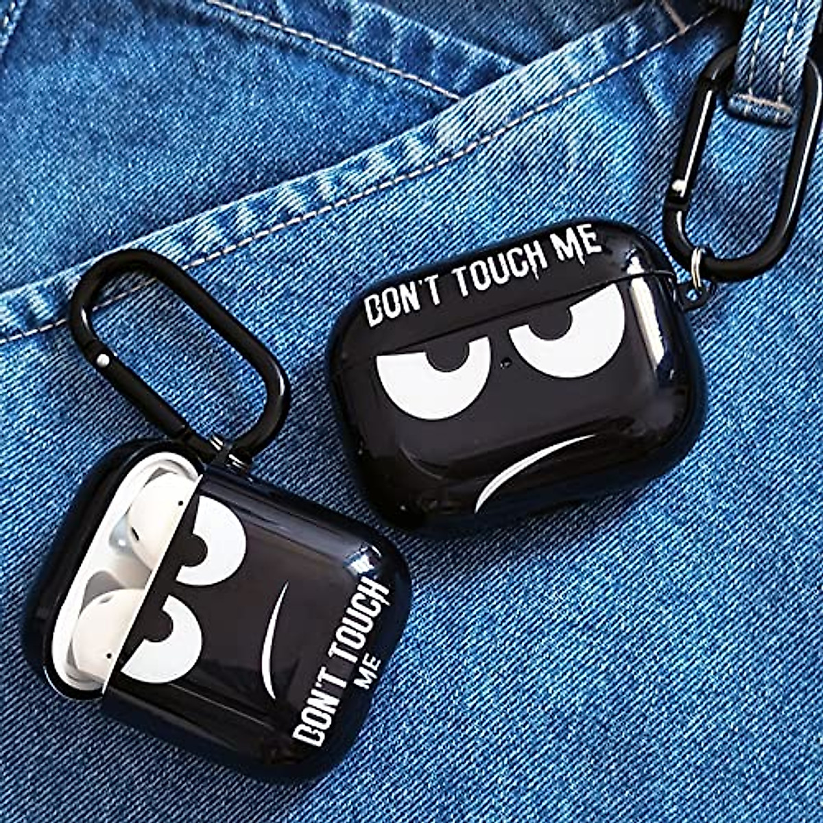 EZICOK Compatible with AirPods Case Don't Touch Me Cool Black Cover with Keychain Big Eyes Cute Cartoon Shockproof Airpod Case Gift for Men Boys, Smooth Soft Protective Skin for Apple Airpods 2 1