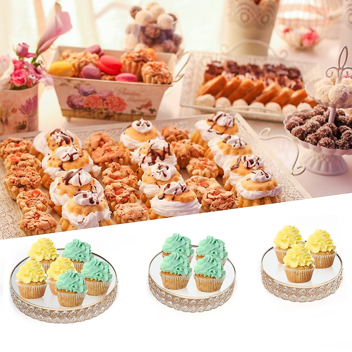 TBVECHI 3pcs Cake Stands Set, Metal Cupcake Holder with Hanging Crystal Dessert Display Plate Decor Serving Platter for Party Wedding Birthday Baby Shower Celebration Home Decoration (Gold)