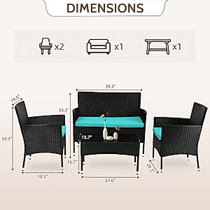 FDW Rattan Furniture Wicker Chair Patio Conversation Set for Outdoor Indoor Use with Loveseats Coffee Table,Blue Cushion, 4-Piece