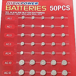 Cotchear 50pcs Alkaline Cell Batteries Assorted 1.5 Volt AG1/LR621 AG3/LR41 AG4/LR626 AG10/LR1130 AG12/LR43 AG13/LR44 Coin Batteries Set 0% Mercury