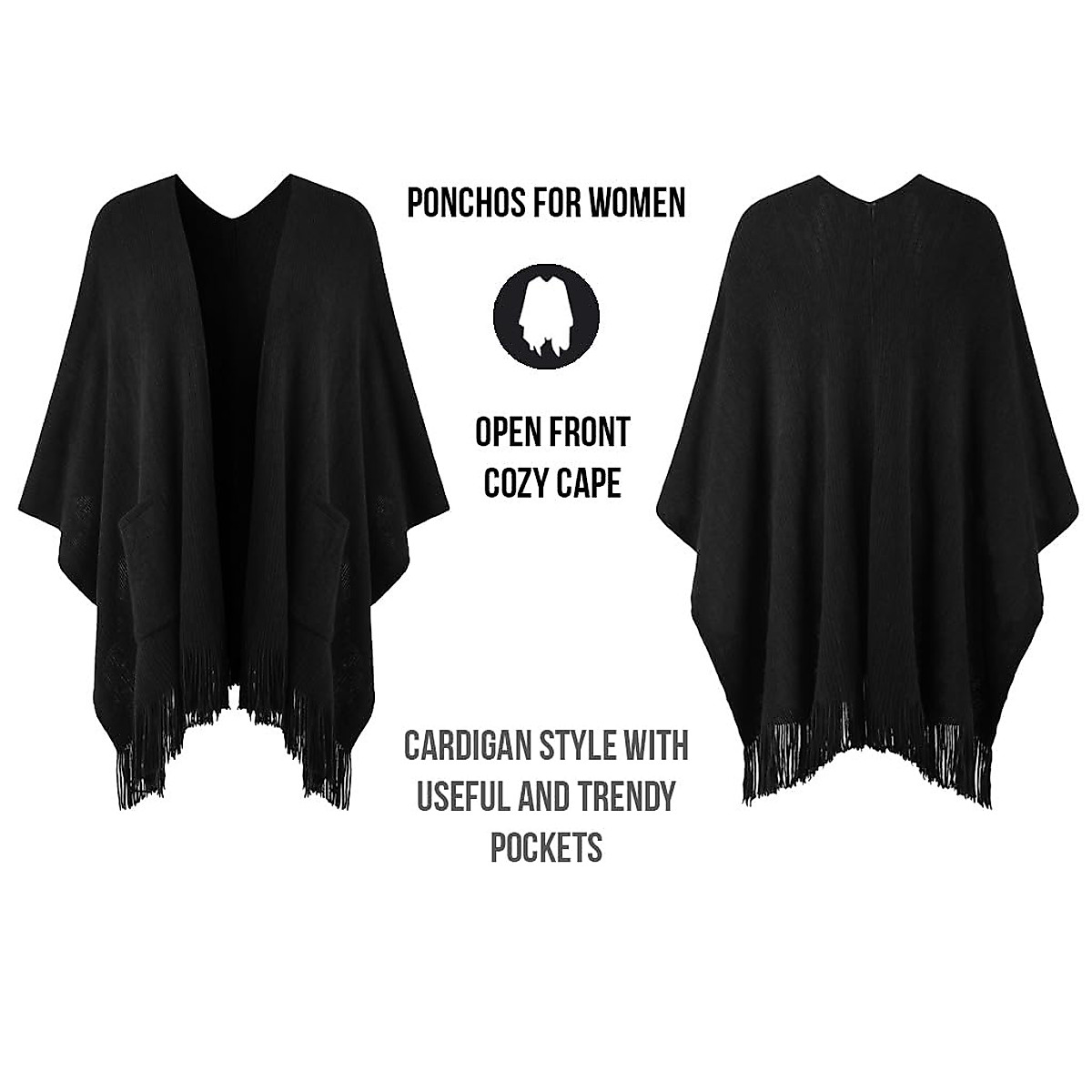 Ferand Women's Shawl Wraps with Pockets Open Front Fringe Poncho Cozy Knit Lightweight Cardigan Sweater,Black