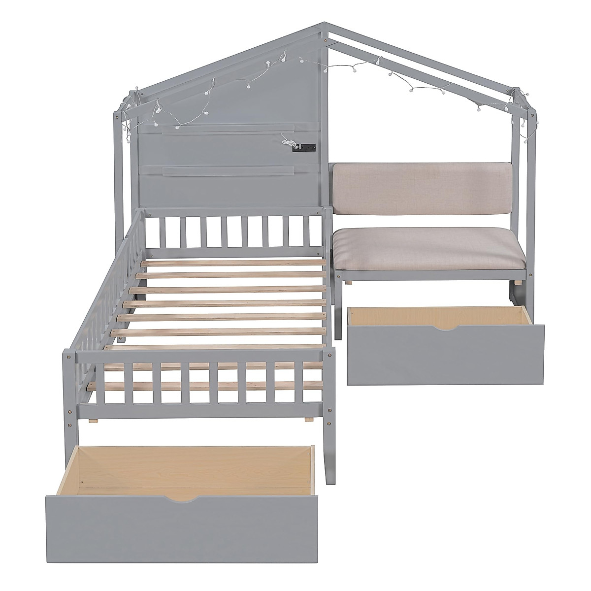 Twin House Bed for Kids, House Platform Bed with Upholstered Sofa, Charging Station, Wireless Charging, Storage Shelves and Two Drawers, Light Strip Included, Gray