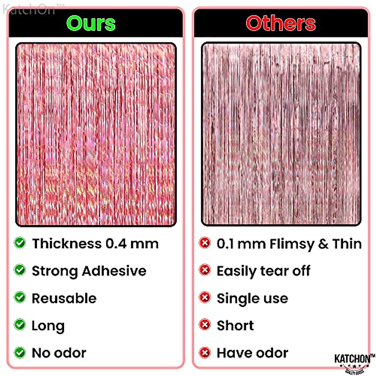 KatchOn, Holographic Rose Gold Fringe Curtain - Large, 6.4x8 Feet, Pack of 2 | Holographic Rose Gold Backdrop for Bachelorette Party Decorations | Rose Gold Streamers for Girls Night Decorations