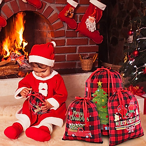 Aneco 12 Pieces Christmas Drawstring Gift Bag with Drawstrings Red and Black Buffalo Plaid Fabric Bag with Drawstring Cotton Xmas Candy Bags with 24 Tags Rope, Assorted Sizes