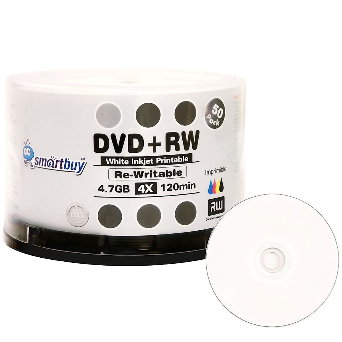 50 Pack Smartbuy Blank DVD+RW 4X 4.7GB 120Min White Inkjet Hub Printable Rewritable DVD Media Disc