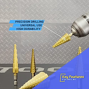 Step Drill Bit for Metal, Step Drill Bit, CORTOOL Titanium High Speed Steel Step Drill Bit Set, Unibit Step Drill Bit, Heavy Duty Step Bit, HSS Drill Bit Set Total 23 Sizes 1/4"-1-3/8", 3/16"-7/8"