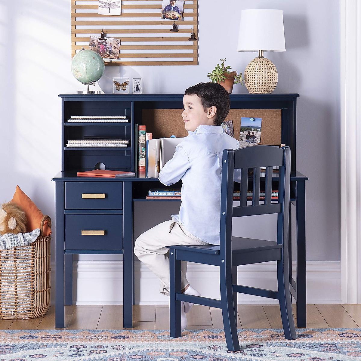 Guidecraft Taiga Desk, Hutch and Chair - Navy: Children’s Wooden Study Computer Workstation, Kids Bedroom Furniture