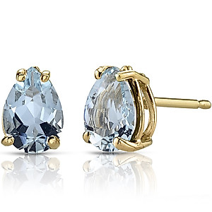 Peora 14K Yellow Gold Aquamarine Earrings for Women, Genuine Gemstone Solitaire Studs, 7x5mm Pear Shape, 1 Carat total, Friction Back