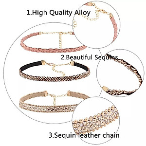 CrazyPiercing Choker Necklaces, Adjustable Collar Necklaces, Beaded Collar Necklace, Sequins Leather Velvet Chain Choker Necklace for Women Set of 3