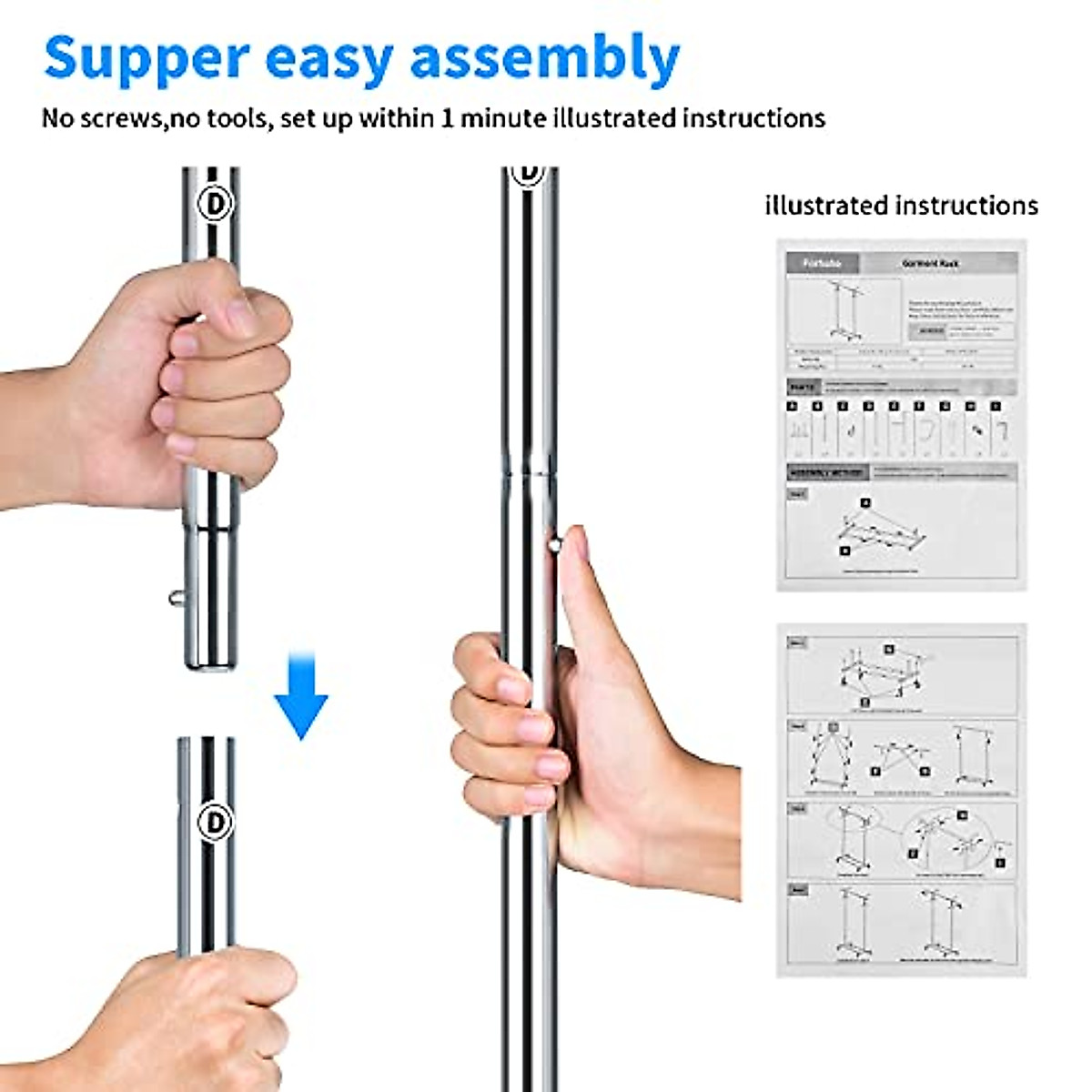 HOUSE AGAIN Adjustable 2-in-1 Heavy-Duty Garment Rack Clothes Coat Rack Rolling with Foot Operated Lockable Wheels, Extra Strength Clothes Rack for Hanging Clothes, Shoes Organizing, Chrome