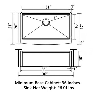 Sinber 33" x 21" x 10" Farmhouse Apron Single Bowl Workstation Kitchen Sink with 16 Gauge 304 Stainless Steel Satin Finish 6 Accessories KSS0004S-OK