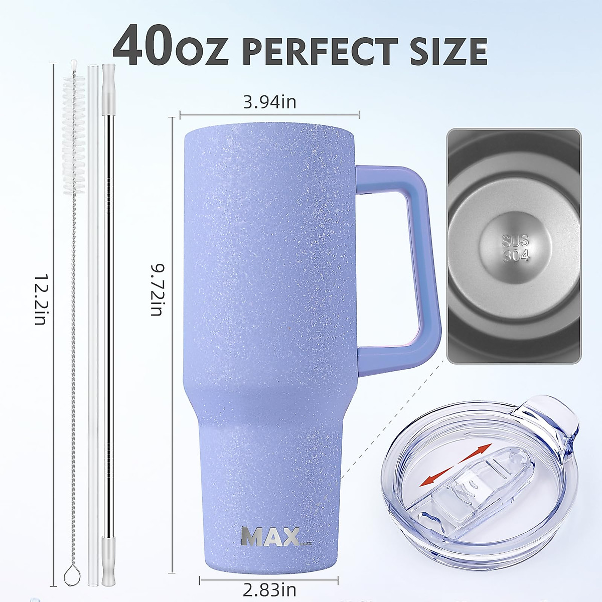 MaxBase 40 Oz Shiny Tumbler with Handle and Straw Lid, Insulated Reusable Stainless Steel Travel Mug Keeps Drinks Cold up to 34 Hours, 100% Leakproof Bottle (Crack-Blue)