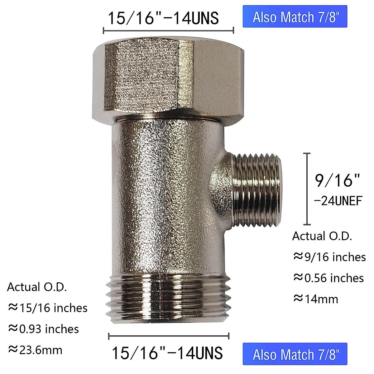 Bidet T Adapter - T Valve Adapter for Bidet, 15/16″ x 15/16″ x 9/16″ or 7/8″ x 7/8″ x 9/16″, Brass Coated Nickel, 3 Way Adapter or Tee Connector