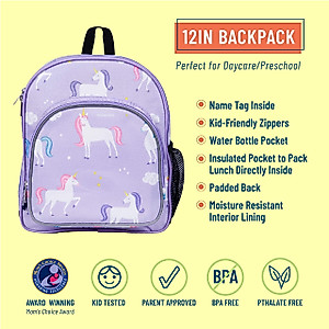 Wildkin 12 Inch Kids Backpack Bundle with Water Bottle (Unicorn)