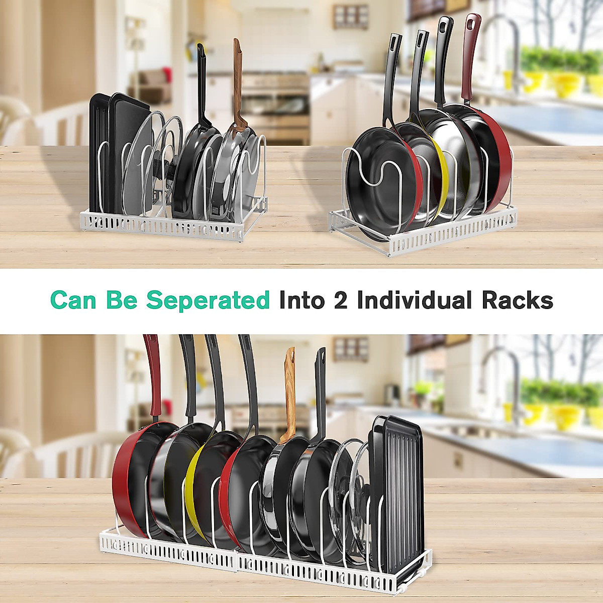 Puricon Expandable Pot and Pan Organizer for Cabinet with 10 Dividers, Adjustable Pots and Pans Organizer Rack Pan Lid Cookware Bakeware Baking Storage Holder for Kitchen Countertop Pantry -White