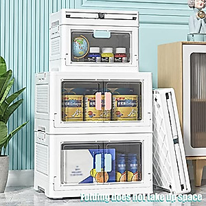 ORIJOYNA 28 Liters Collapsible Storage Bins with Lids Folding Plastic Stackable with Double Doors & Secure Buckle Container Heavy Duty withstand 65 Lbs for Grocery,Books,Clothes (Pink)